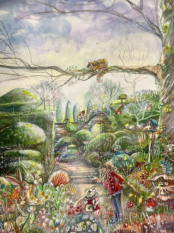 Spring in an English Country Garden watercolor painting - Black Hat Gallery