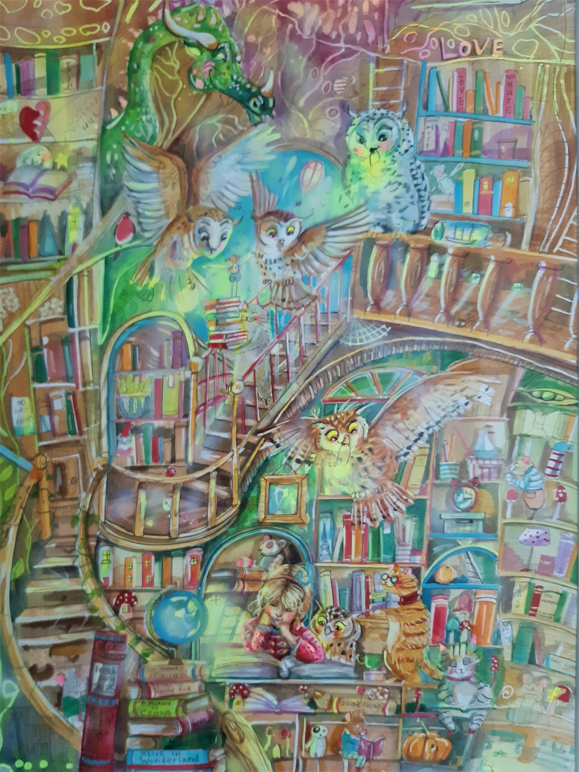 The library dragon, a watercolor by Kay Dawson - Black Hat Gallery